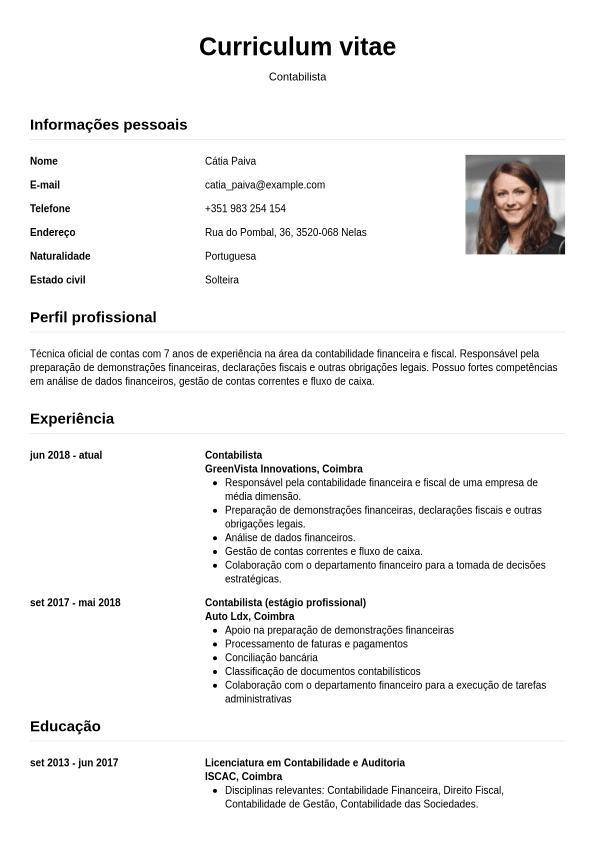 Exemplo de curriculum vitae de um contabilista | Jobseeker