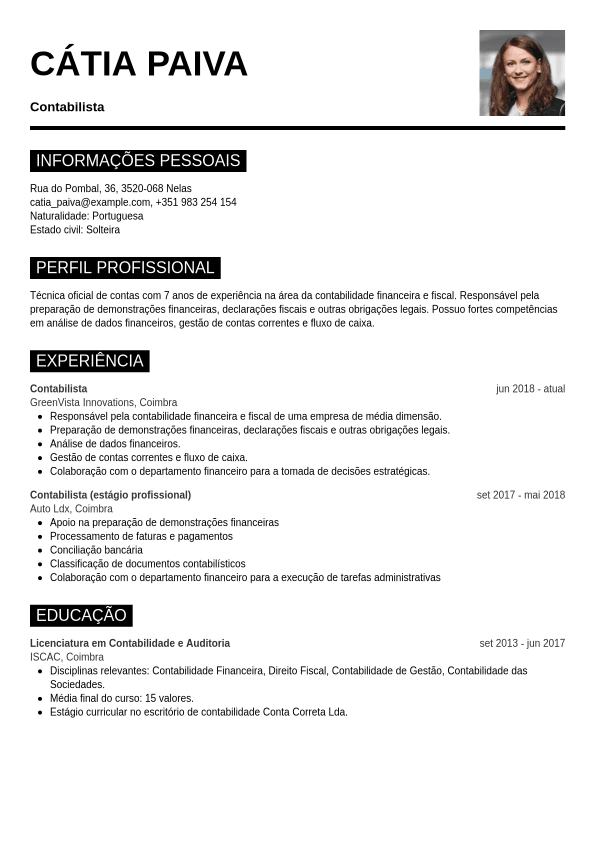 Exemplo de curriculum vitae de um contabilista | Jobseeker