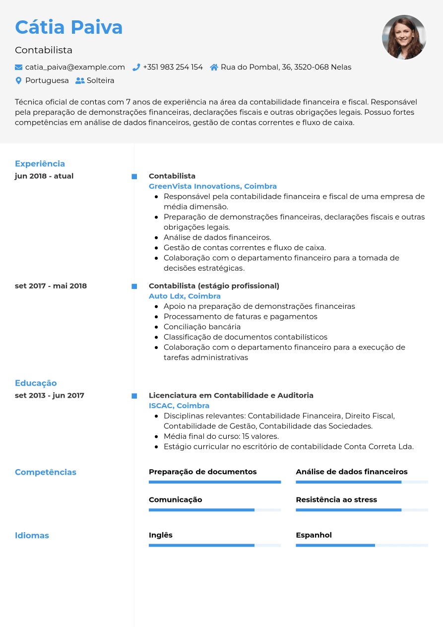 Exemplo de curriculum vitae de um contabilista | Jobseeker