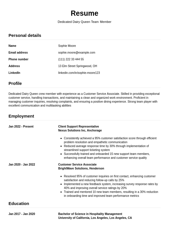 Dairy Queen Resume Example | Jobseeker