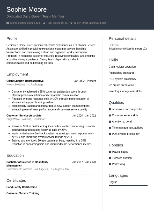Dairy Queen Resume Example | Jobseeker
