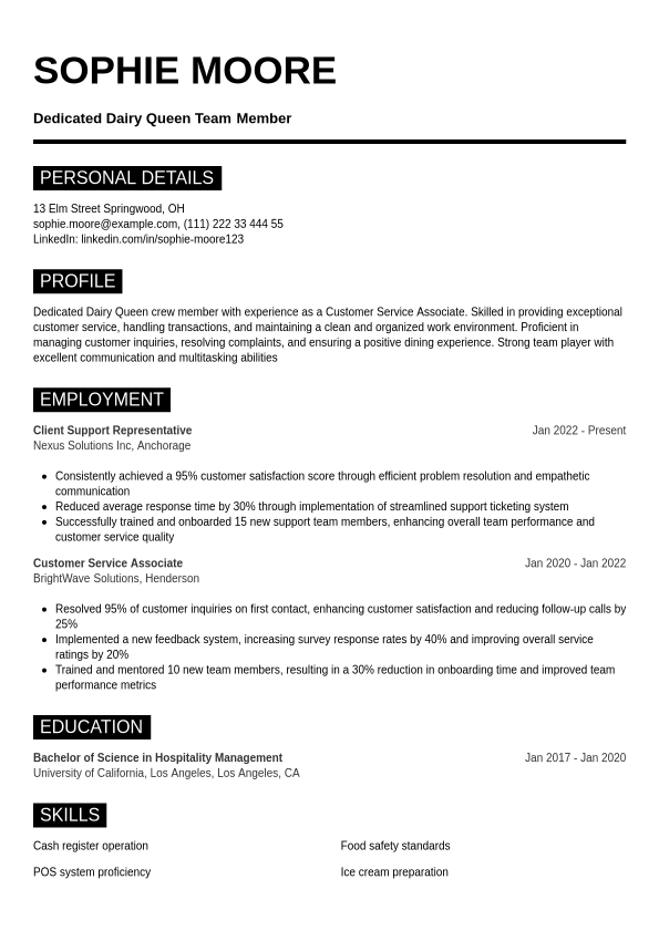 Dairy Queen Resume Example | Jobseeker