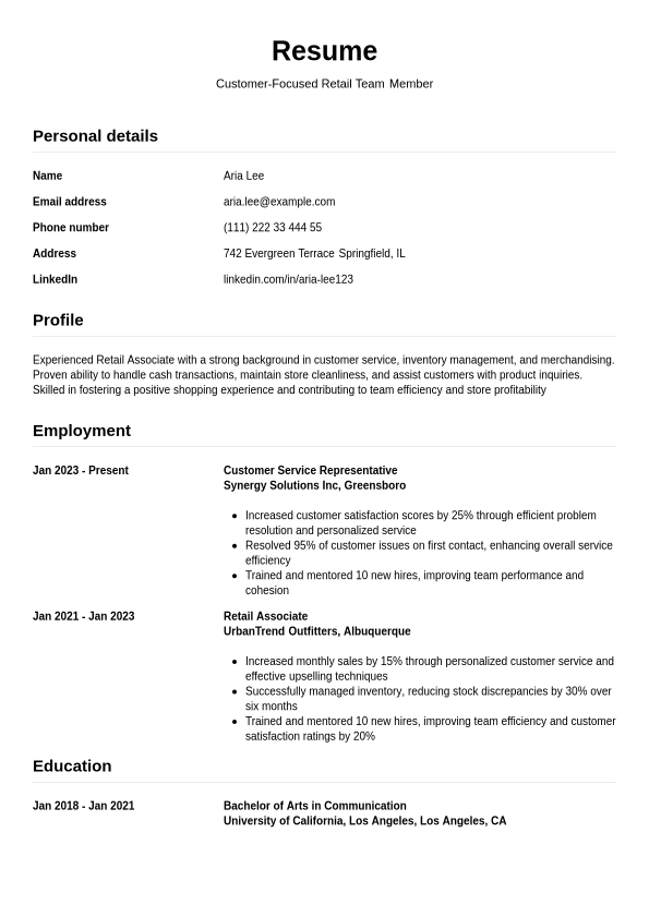 Trader Joe's Resume Example | Jobseeker