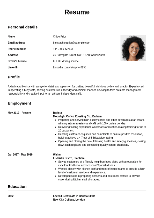 Barista CV example | Jobseeker