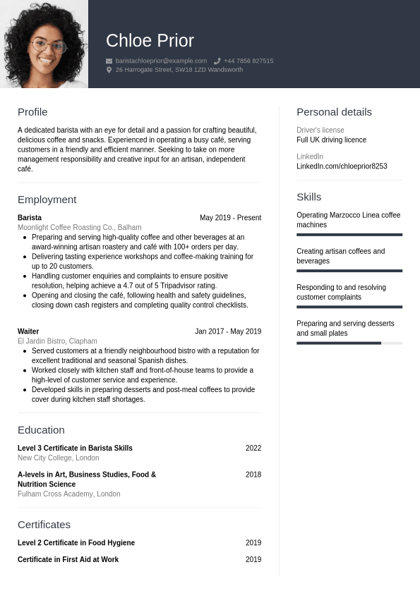 Barista CV example | Jobseeker