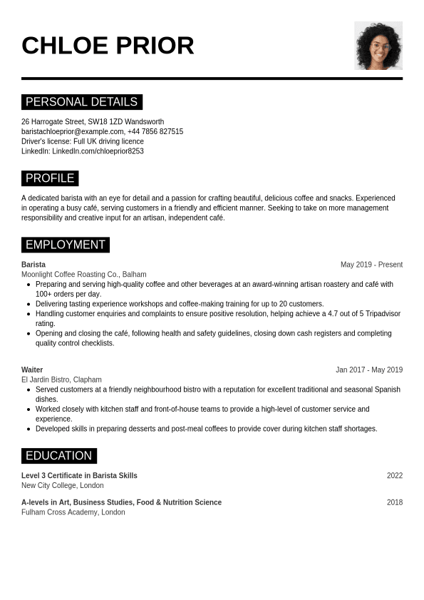 Barista CV example | Jobseeker