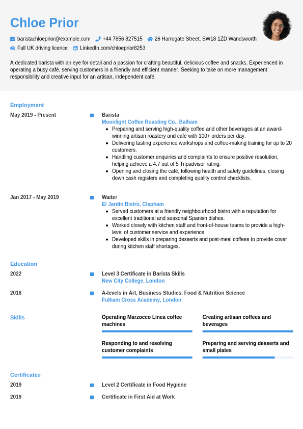 Barista CV example | Jobseeker