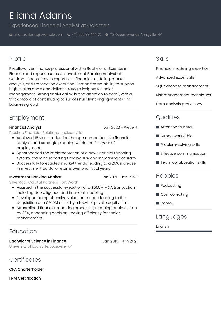 Goldman Sachs Resume Example | Jobseeker