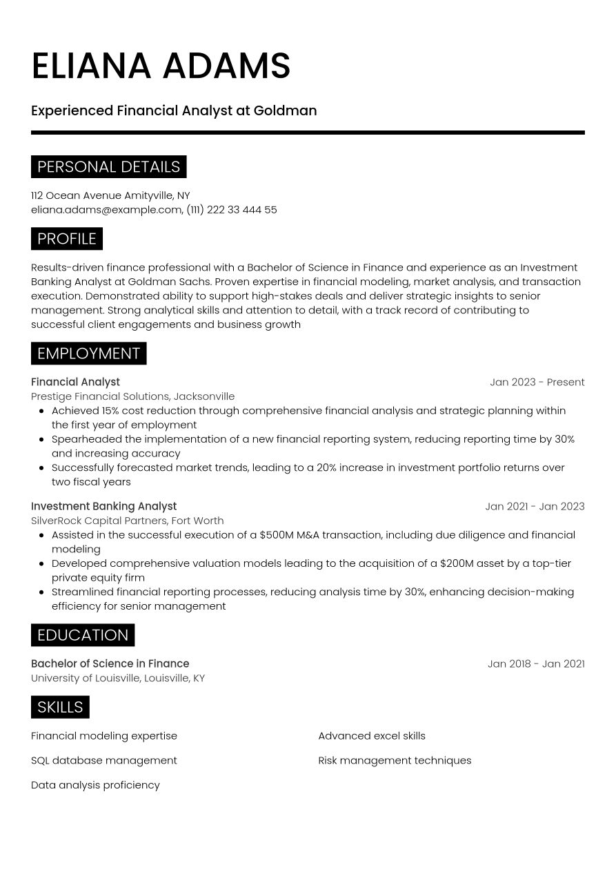 Goldman Sachs Resume Example | Jobseeker