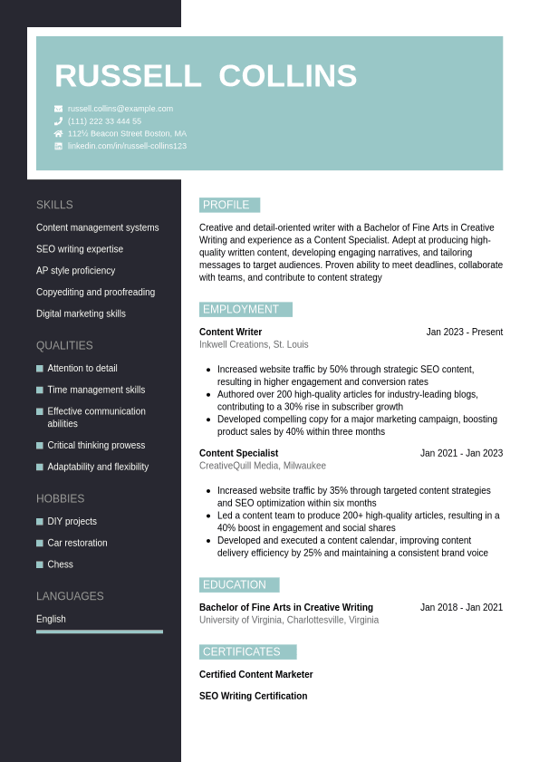 Writer Resume Example | Jobseeker