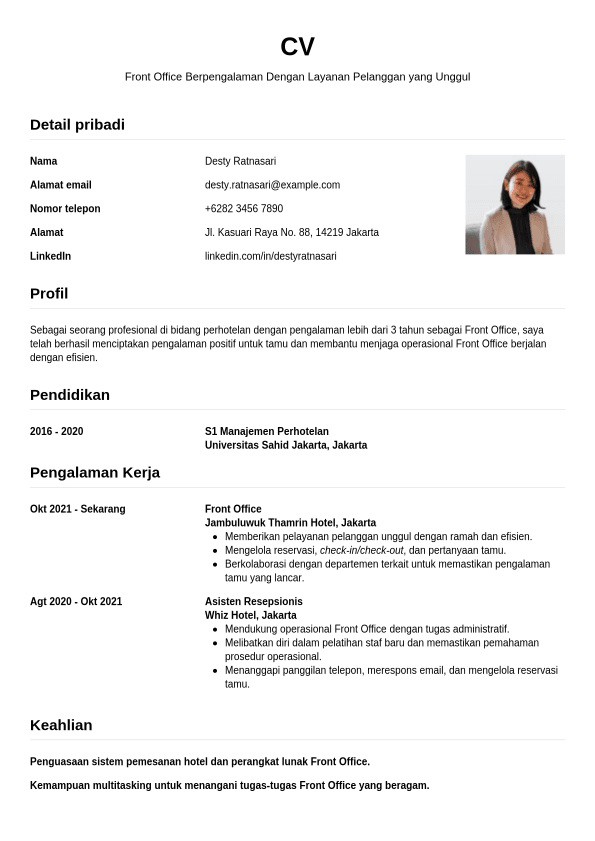 Contoh CV Resepsionis | Jobseeker