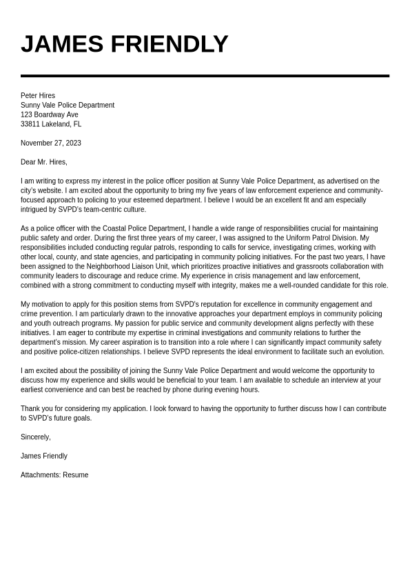Police officer cover letter example | Jobseeker