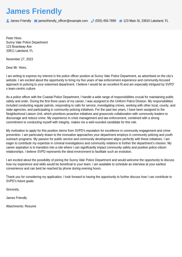 Police officer cover letter example | Jobseeker