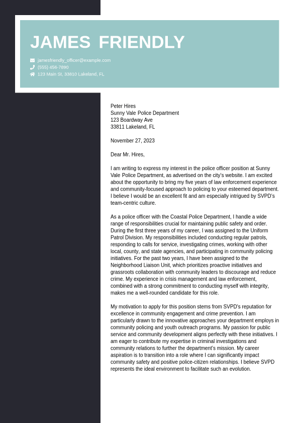 Police officer cover letter example | Jobseeker