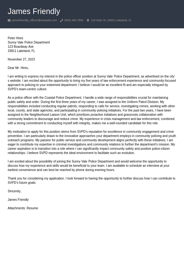 Police officer cover letter example | Jobseeker