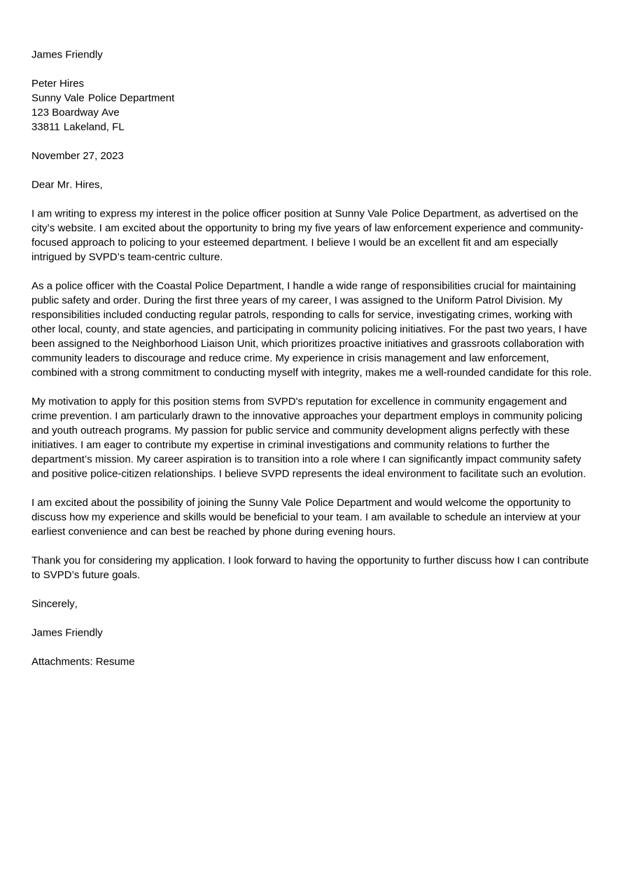 Police officer cover letter example | Jobseeker