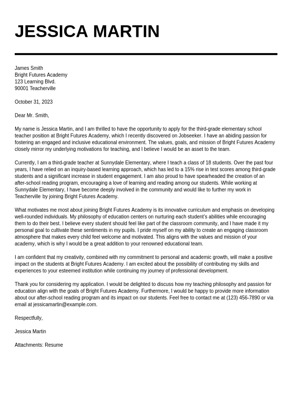 Teacher Cover Letter Example | Jobseeker