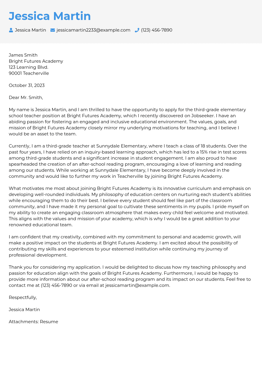 Teacher Cover Letter Example | Jobseeker