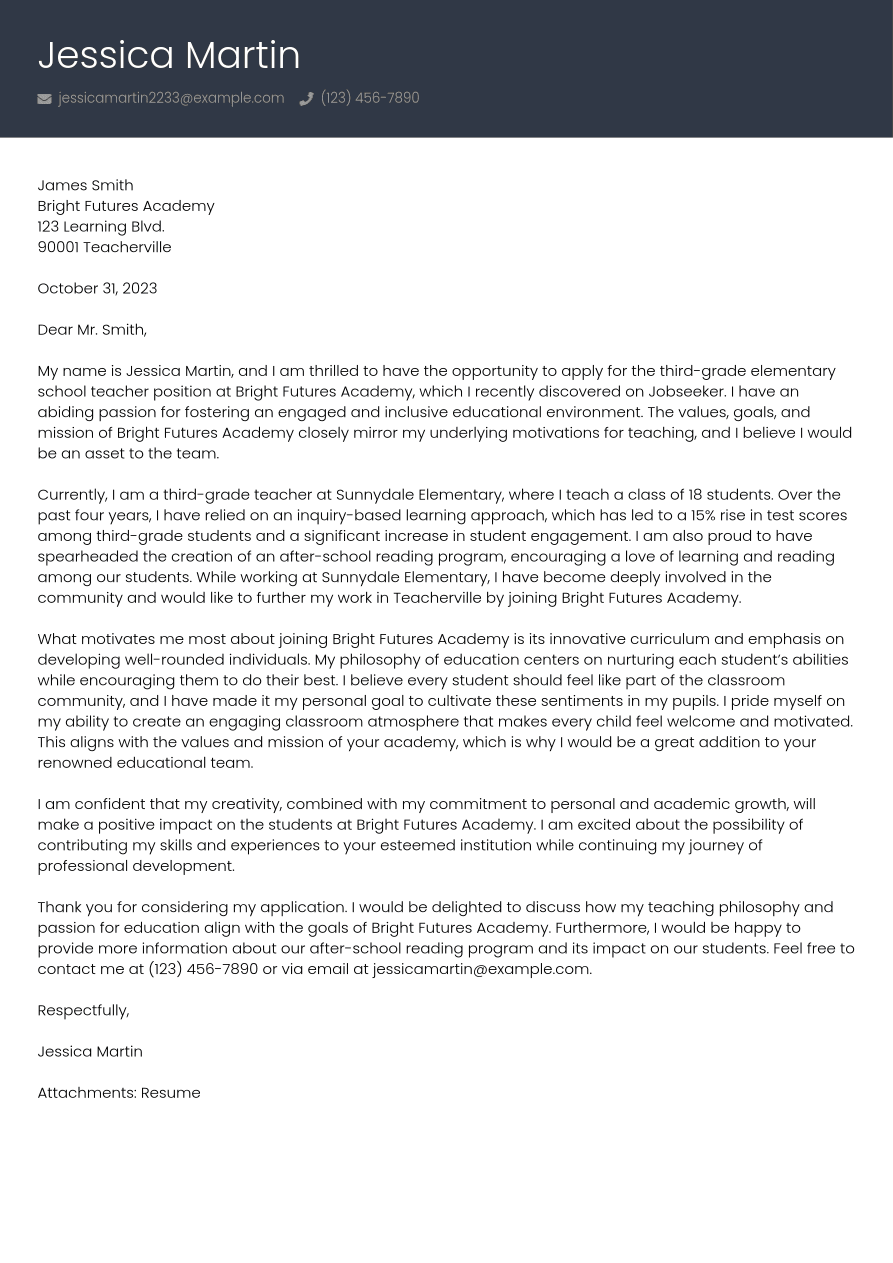 Teacher Cover Letter Example | Jobseeker