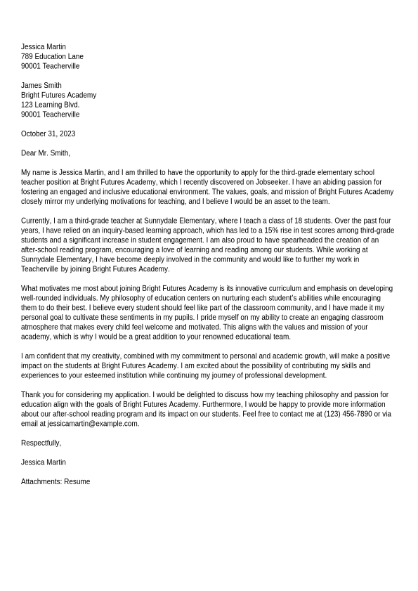 Teacher Cover Letter Example | Jobseeker