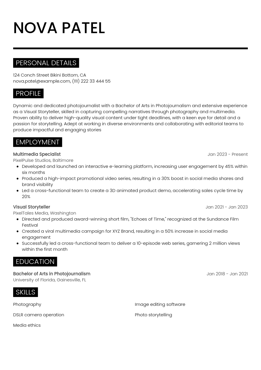 Photojournalist Resume Writing Guide & Tips | Jobseeker
