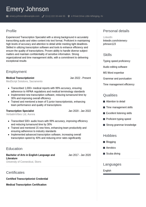 Transcriptionist Resume Example | Jobseeker