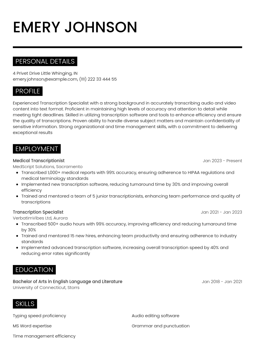 Transcriptionist Resume Example | Jobseeker