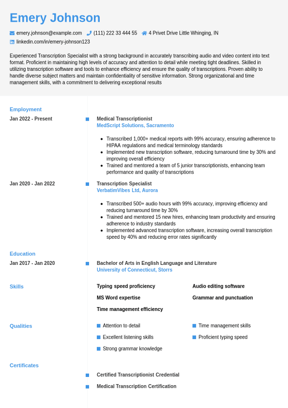 Transcriptionist Resume Example | Jobseeker