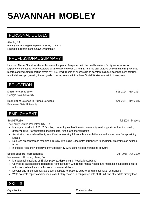 Social worker resume example | Jobseeker