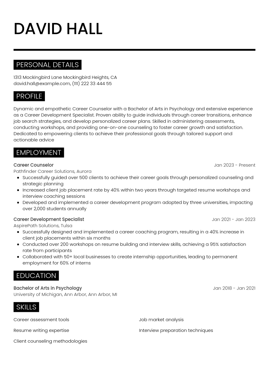 Career Counselor Resume Example | Jobseeker