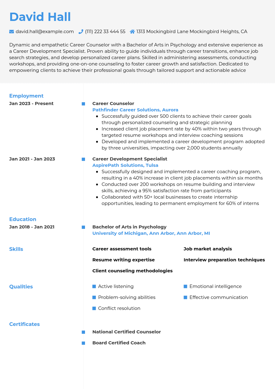 Career Counselor Resume Example | Jobseeker