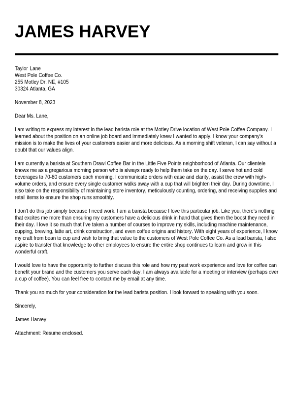 Barista cover letter example | Jobseeker