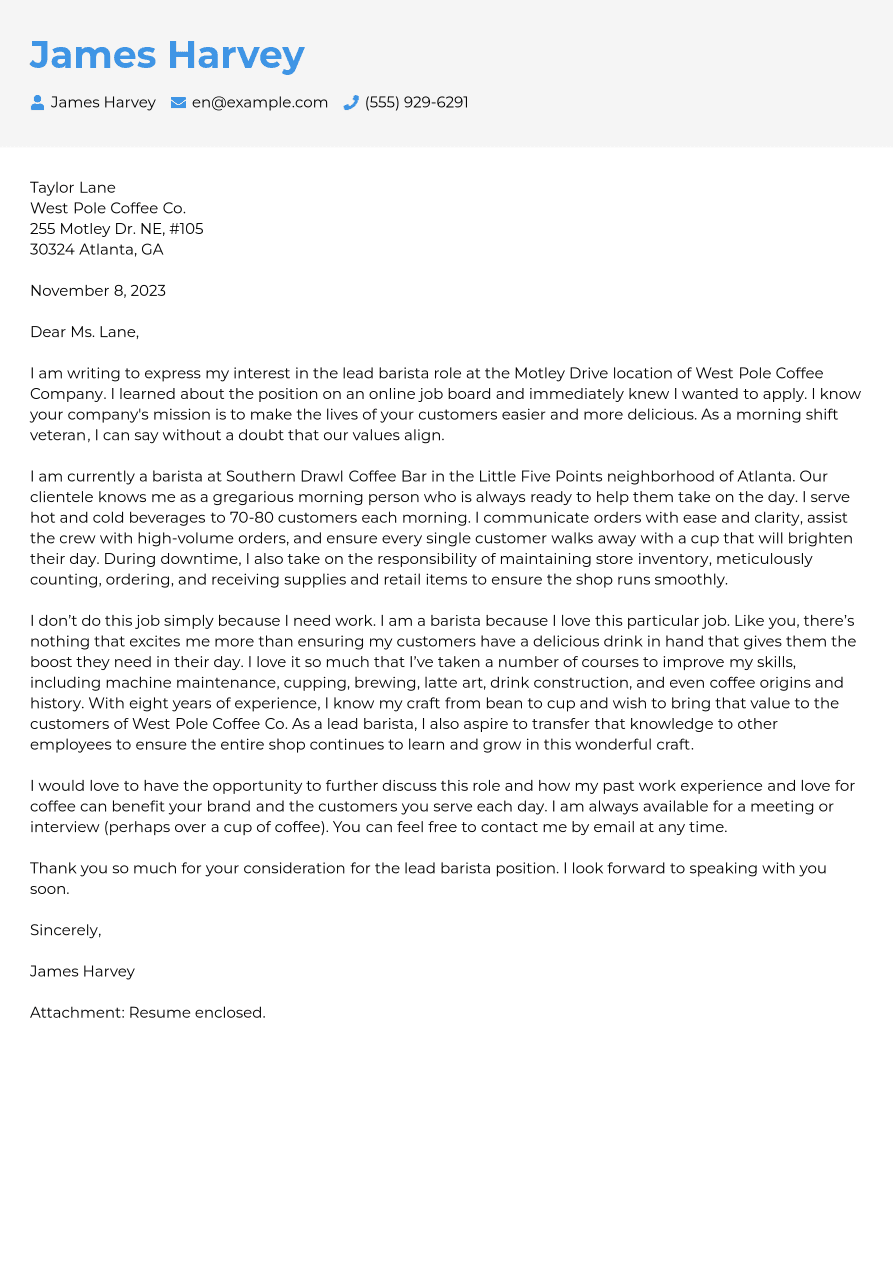 Barista cover letter example | Jobseeker