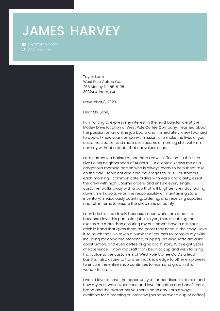 Barista cover letter example | Jobseeker