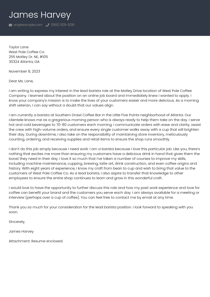 Barista cover letter example | Jobseeker