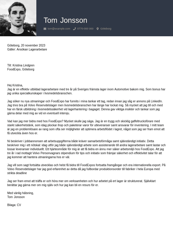 Lagerarbetare Personligt brev Exempel | Jobseeker