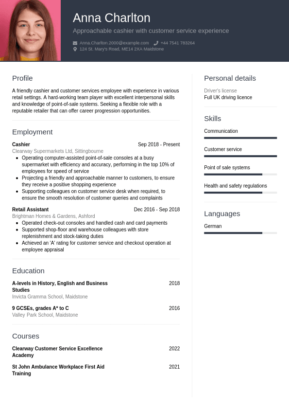 Cashier CV example | Jobseeker