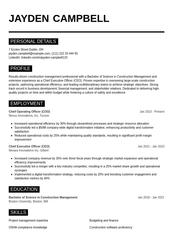 Construction Company Owner Resume Writing Guide | Jobseeker