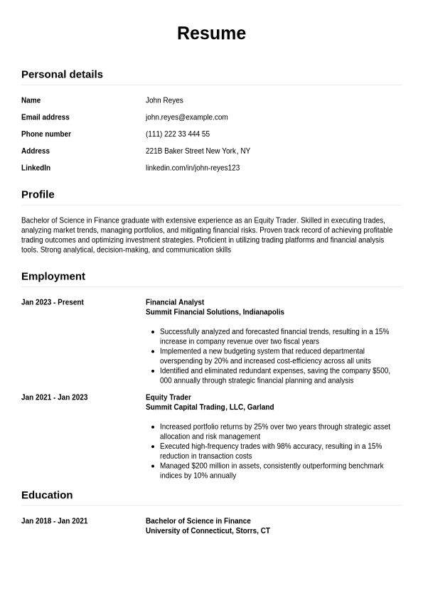 Trader Resume Example | Jobseeker