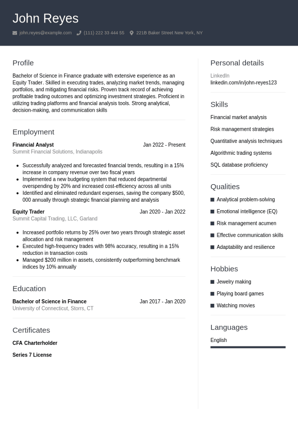 Trader Resume Example | Jobseeker