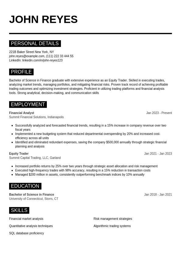 Trader Resume Example | Jobseeker