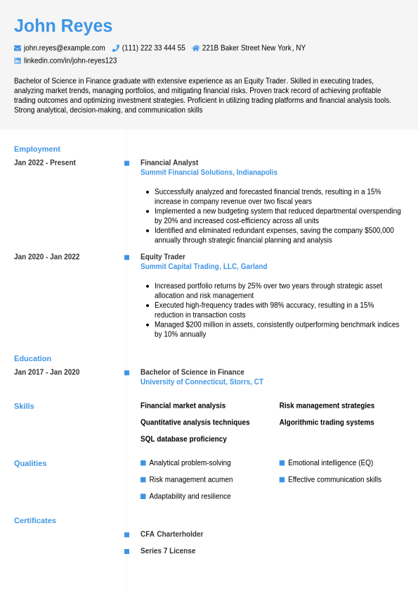 Trader Resume Example | Jobseeker