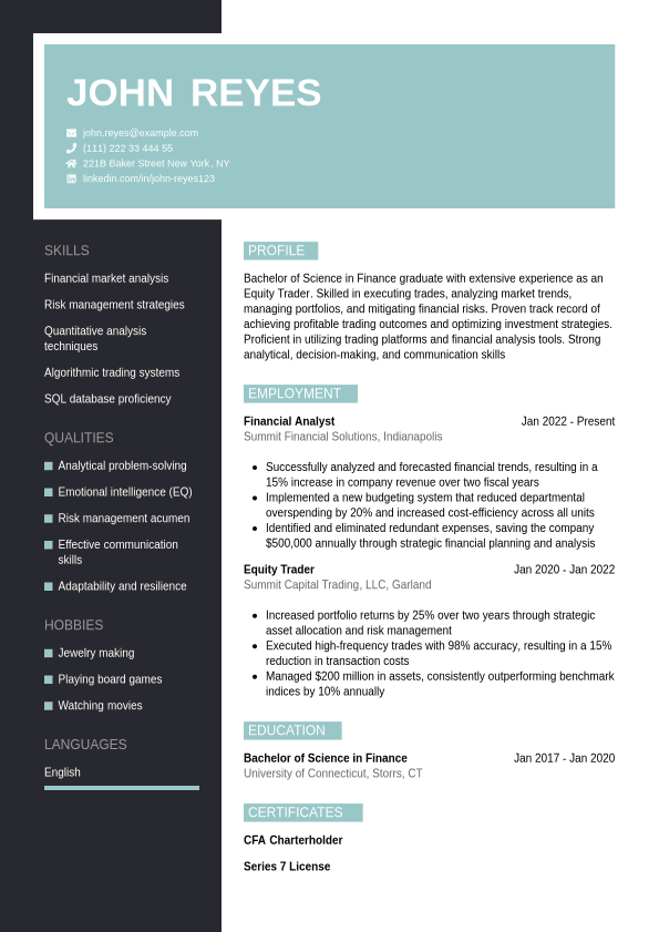 Trader Resume Example | Jobseeker