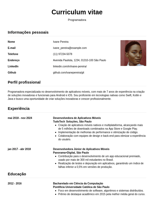 Exemplo de currículo de programador para 2025 | Jobseeker