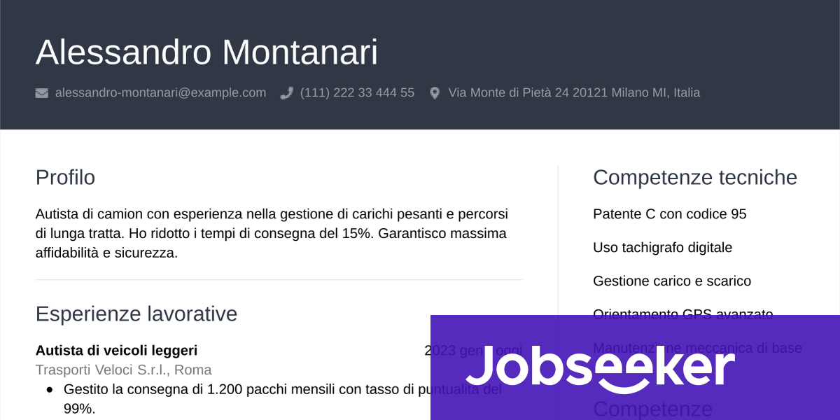 Curriculum da autista di camion esempio e consigli | Jobseeker