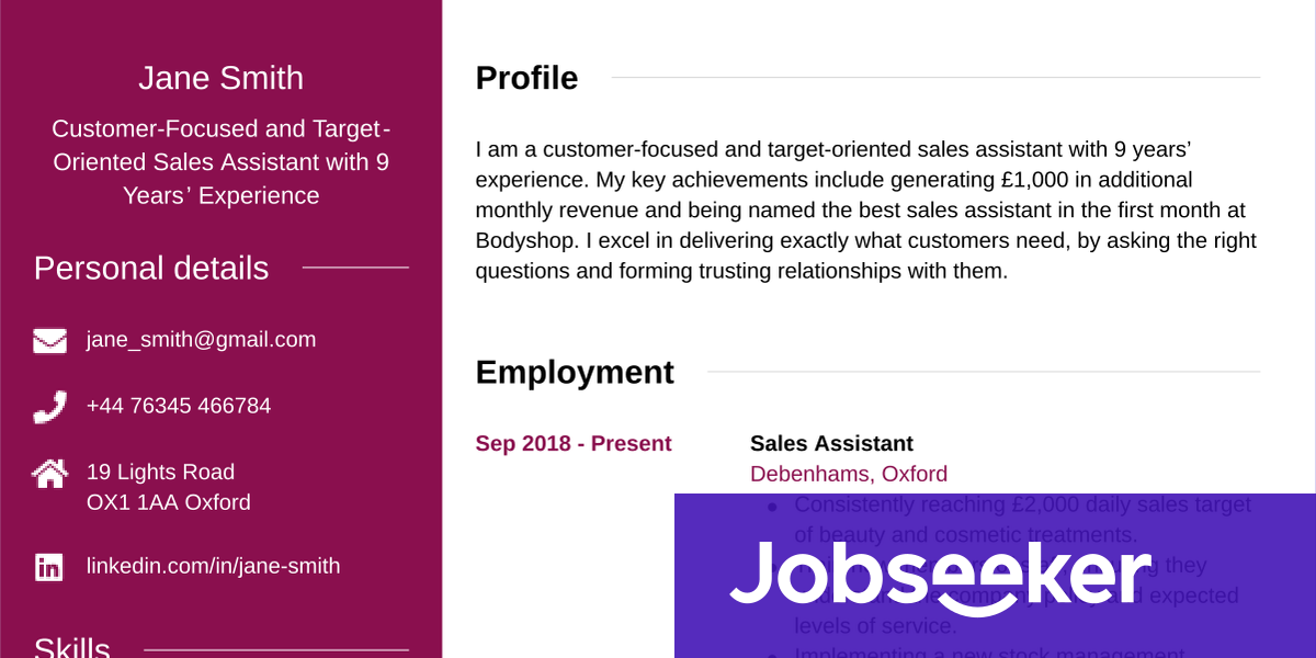 Cv Example Sales Assistant Jobseeker
