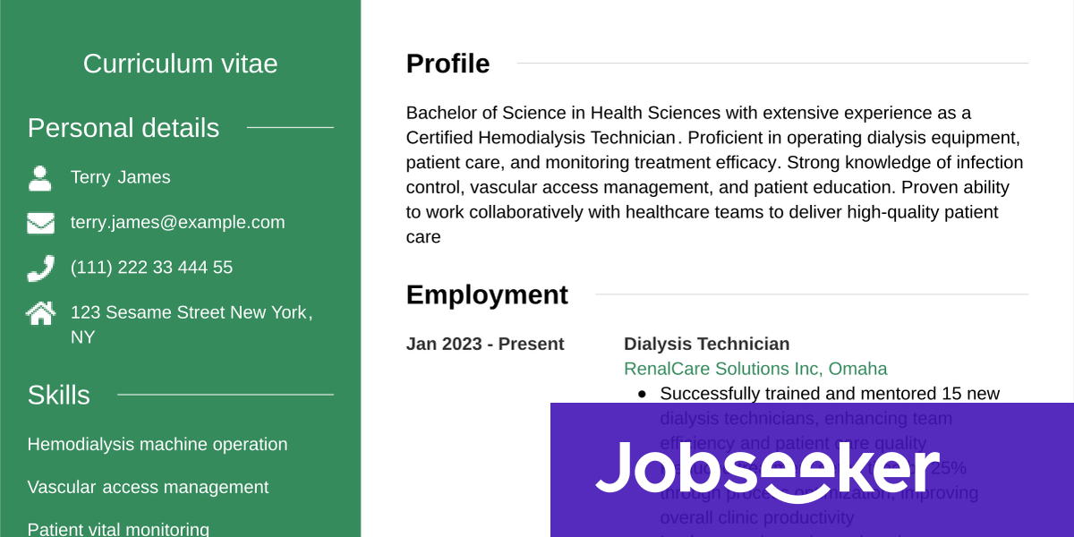 Dialysis Technician Resume Example | Jobseeker