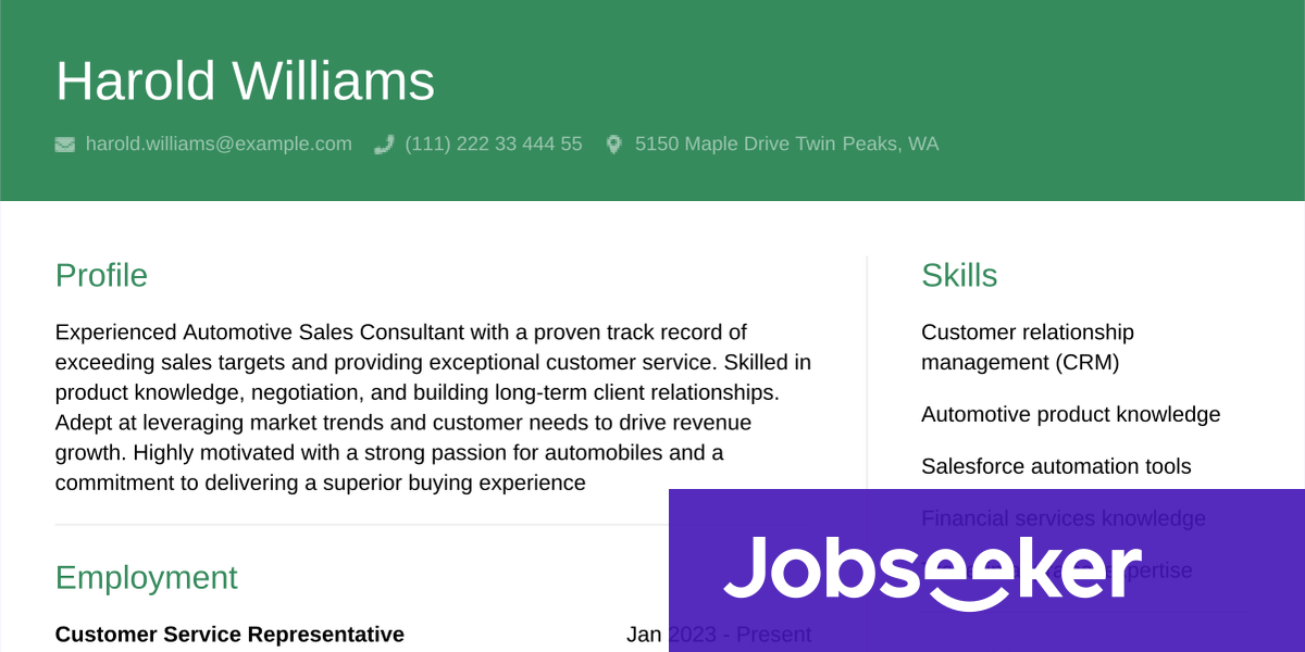 Car Salesman Resume Example | Jobseeker