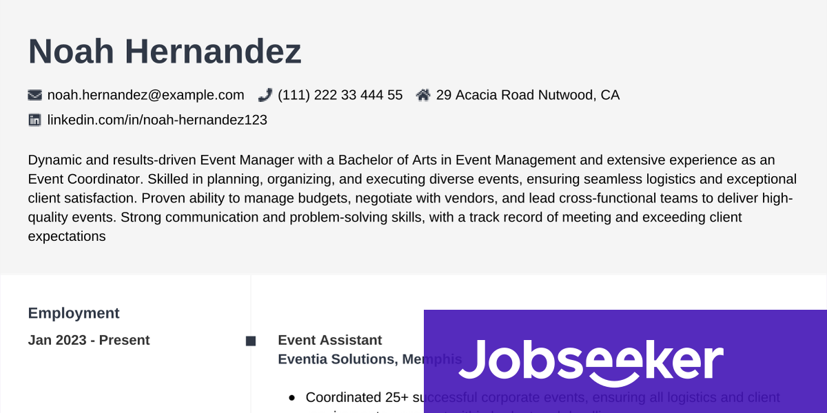 Event Manager Resume Example | Jobseeker