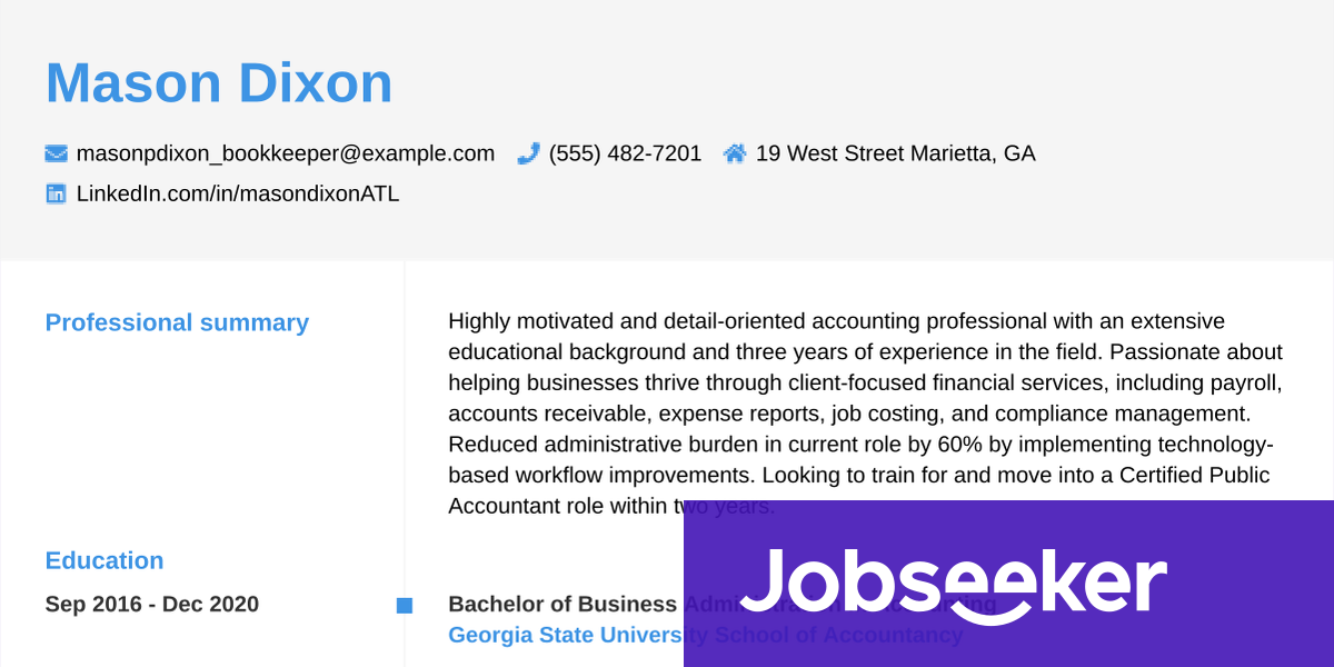 Bookkeeper resume example | Jobseeker